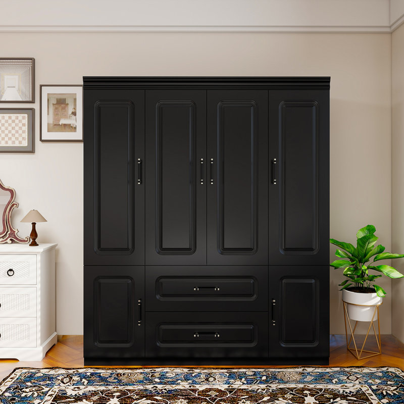 Lark Manor 4 Door Solid Manufactured Wood Armoire Wardrobe Closet With Drawers Black Wayfair